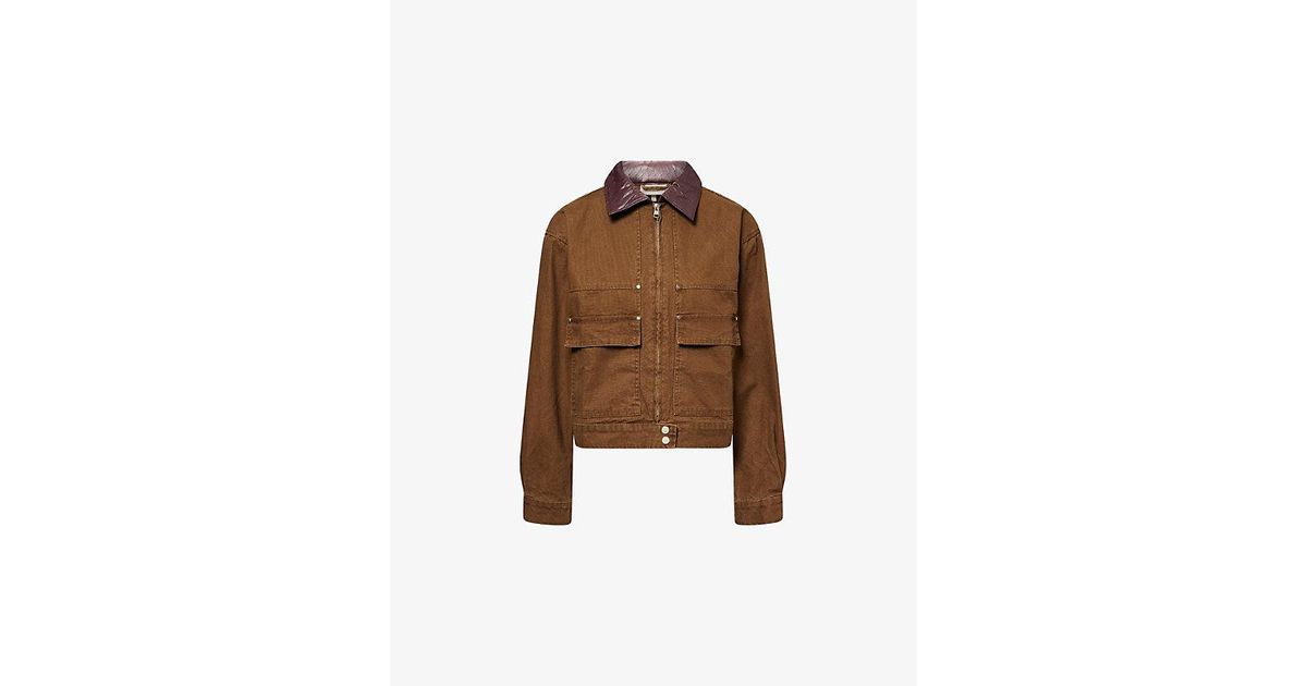 The Couture Club Contrast Collar Trucker Denim Jacket in Brown | Lyst