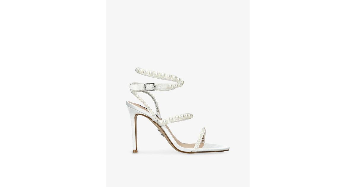 Steve Madden Teena Faux Pearl-Embellished Satin Heeled Sandals in White ...