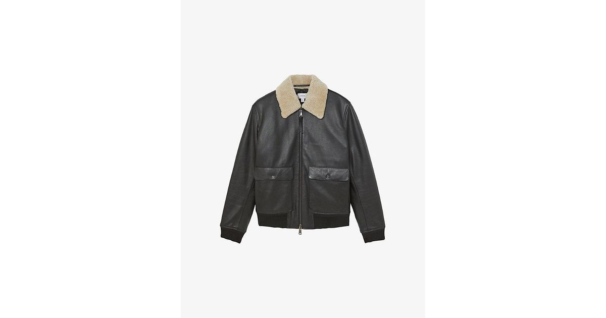 Reiss Shaker Shearling-Collar Leather Jacket in Black for Men | Lyst UK