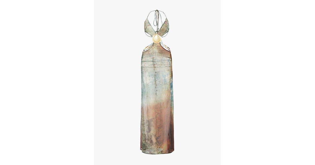 Jaded London Ocean Print Vida Shell-Trim Backless Stretch-Woven Maxi ...