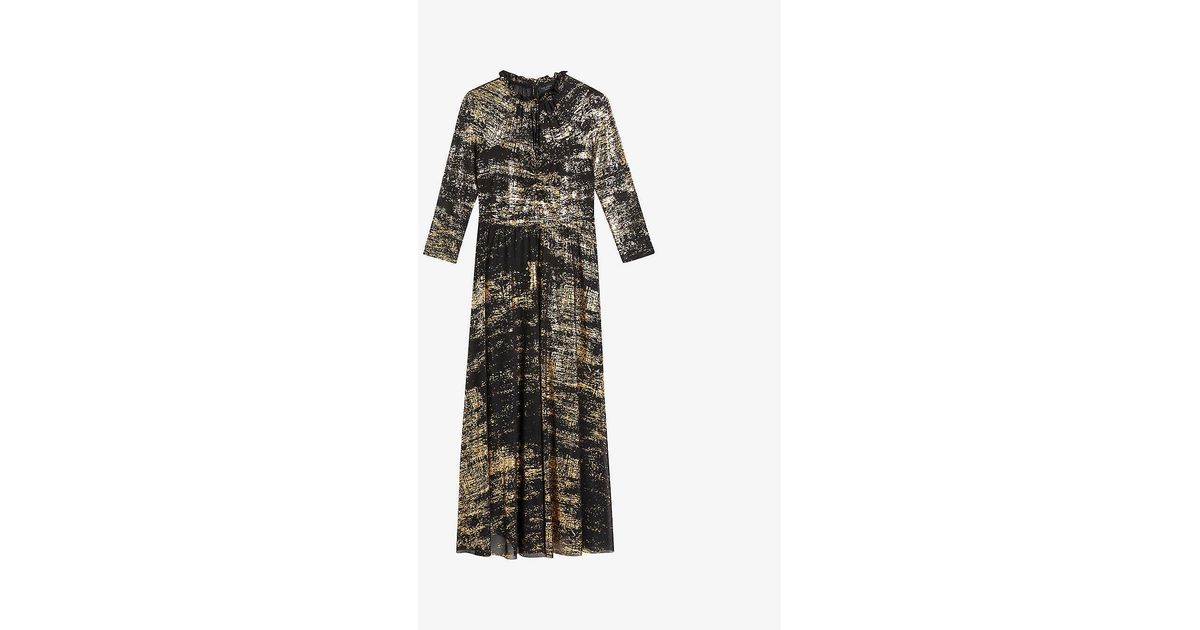 Ted Baker Iggiey Metallic Print Frilled Neck Stretch Woven Midi Dress