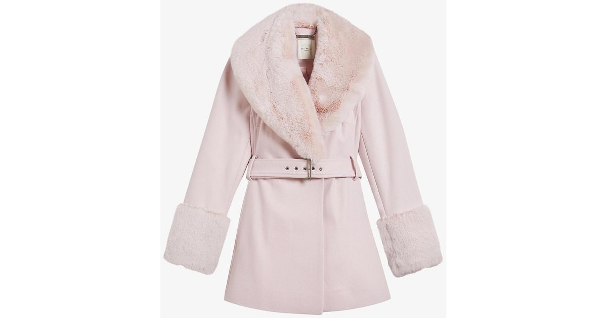 Ted Baker Loleta Faux Fur-collar Wool-blend Coat in Pink | Lyst