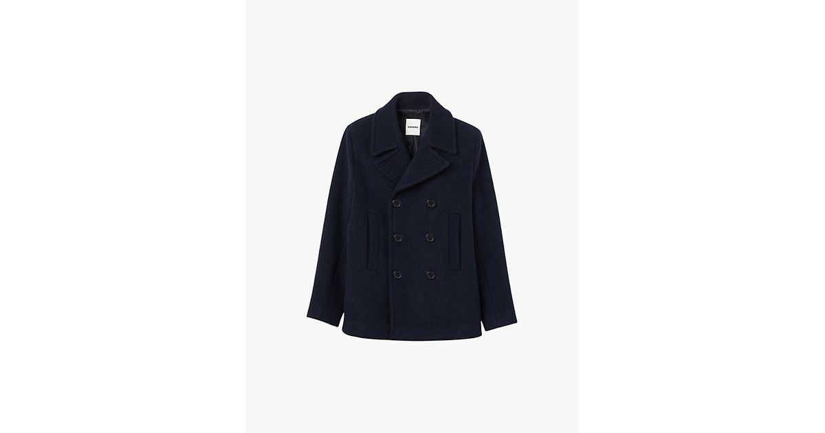 Sandro Double-Breasted Peak-Lapel Wool-Blend Coat in Blue for Men | Lyst