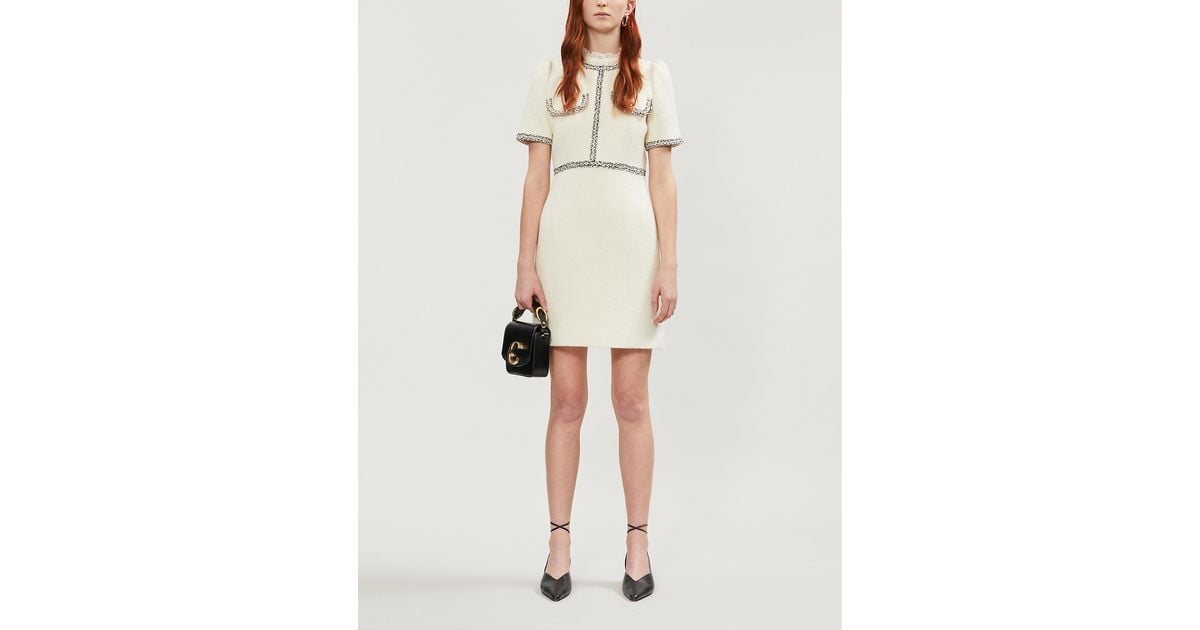 Sandro Tweed Dress With Braid Trim in Natural | Lyst Canada