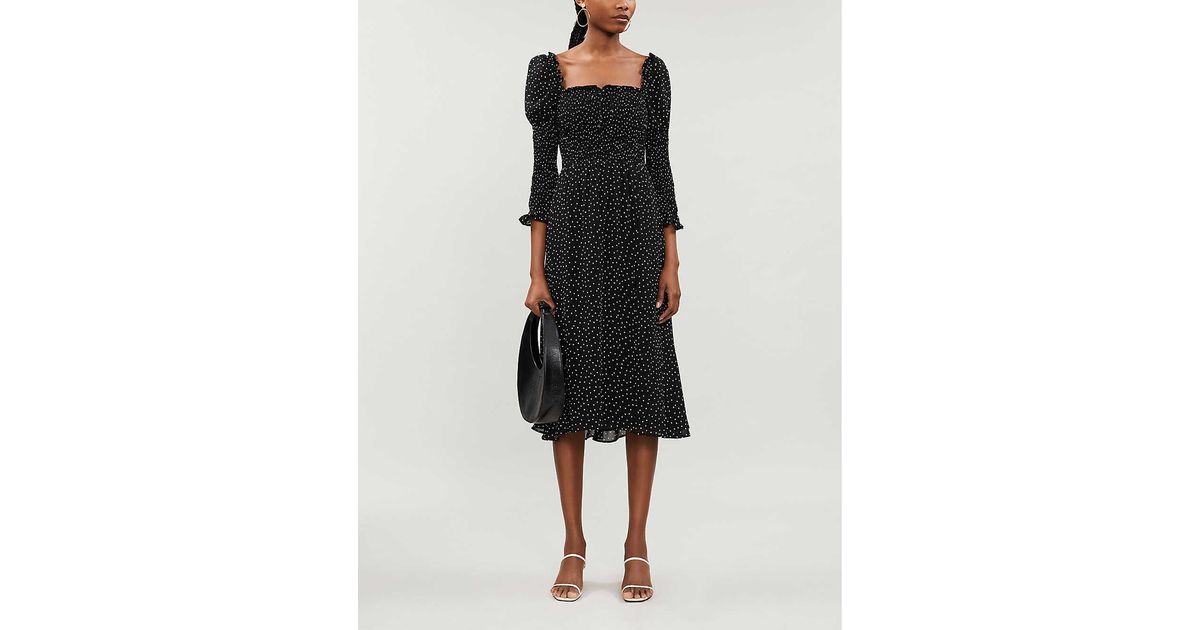 Reformation Rosamund Polka-dot Print Crepe Midi Dress in Black | Lyst