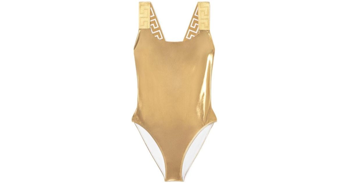 Versace Greca Border Metallic Swimsuit in Natural | Lyst
