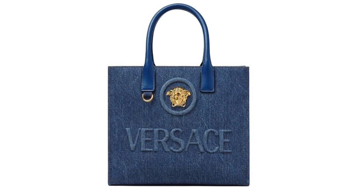 Versace La Medusa Logo Embossed Tote Bag in Blue | Lyst