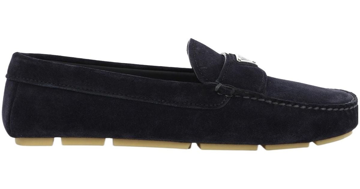 Prada Enamel-Triangle-Logo Suede Loafers in Blue for Men | Lyst