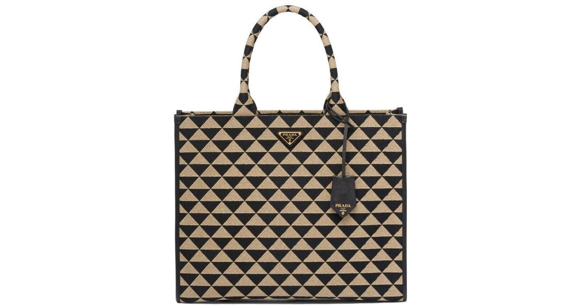 Prada Large Symbole Jacquard Fabric Handbag in Black | Lyst