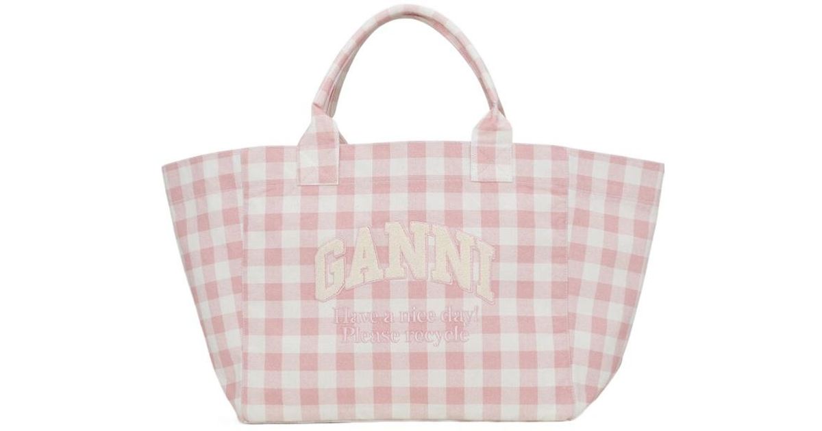 Ganni Xxl Vichy Checked Tote Bag in Pink | Lyst