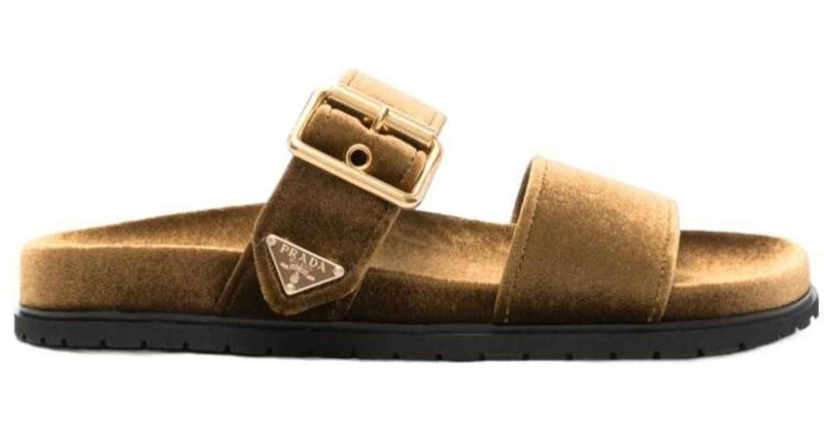 Prada Enamel Triangle-Logo Slides in Brown | Lyst