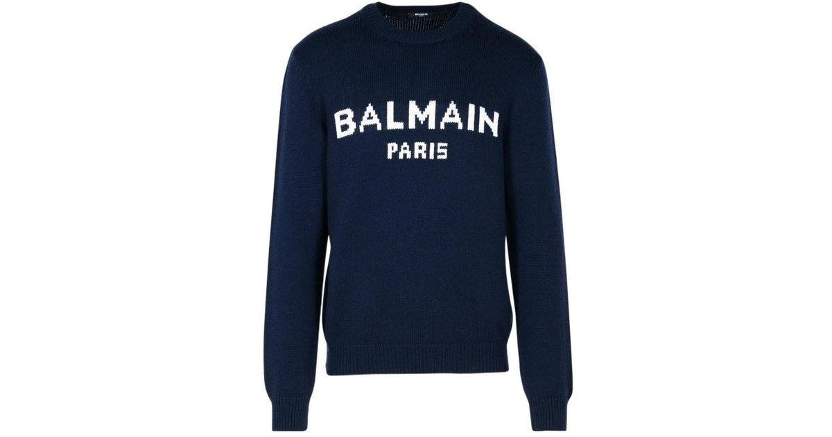 Balmain Logo Intarsia-Knit Jumper in Blue for Men | Lyst