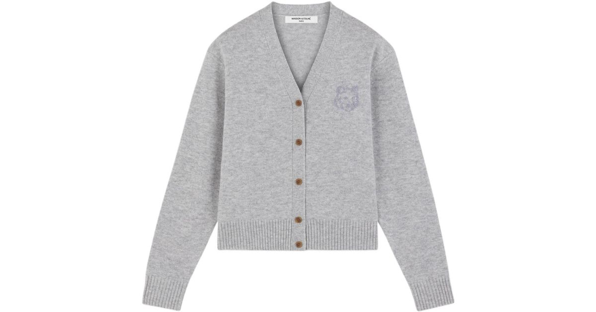Maison Kitsuné Fox-Head Embroidered Short Cardigan in Gray | Lyst