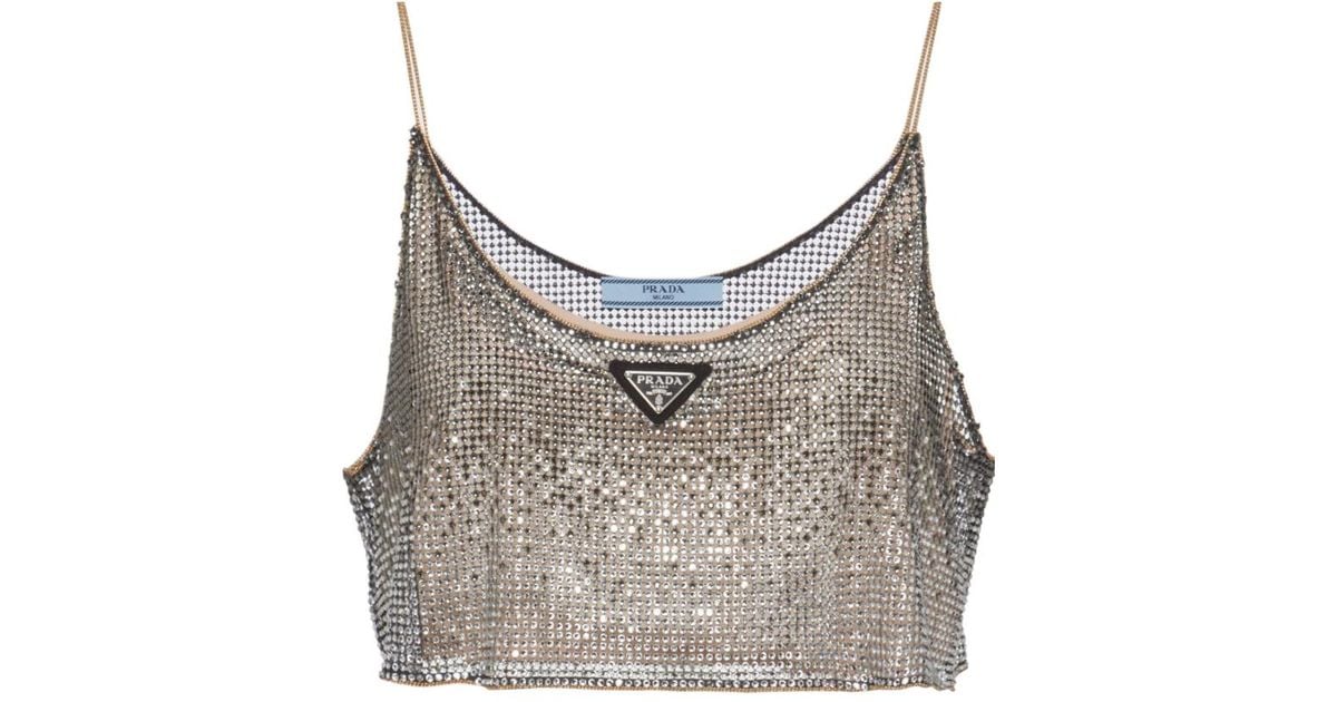 Prada Embroidered Rhinestone Mesh Top in Gray | Lyst