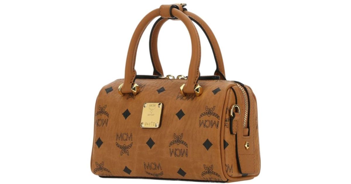 MCM Boston Logo Plaque Mini Tote Bag in Brown | Lyst