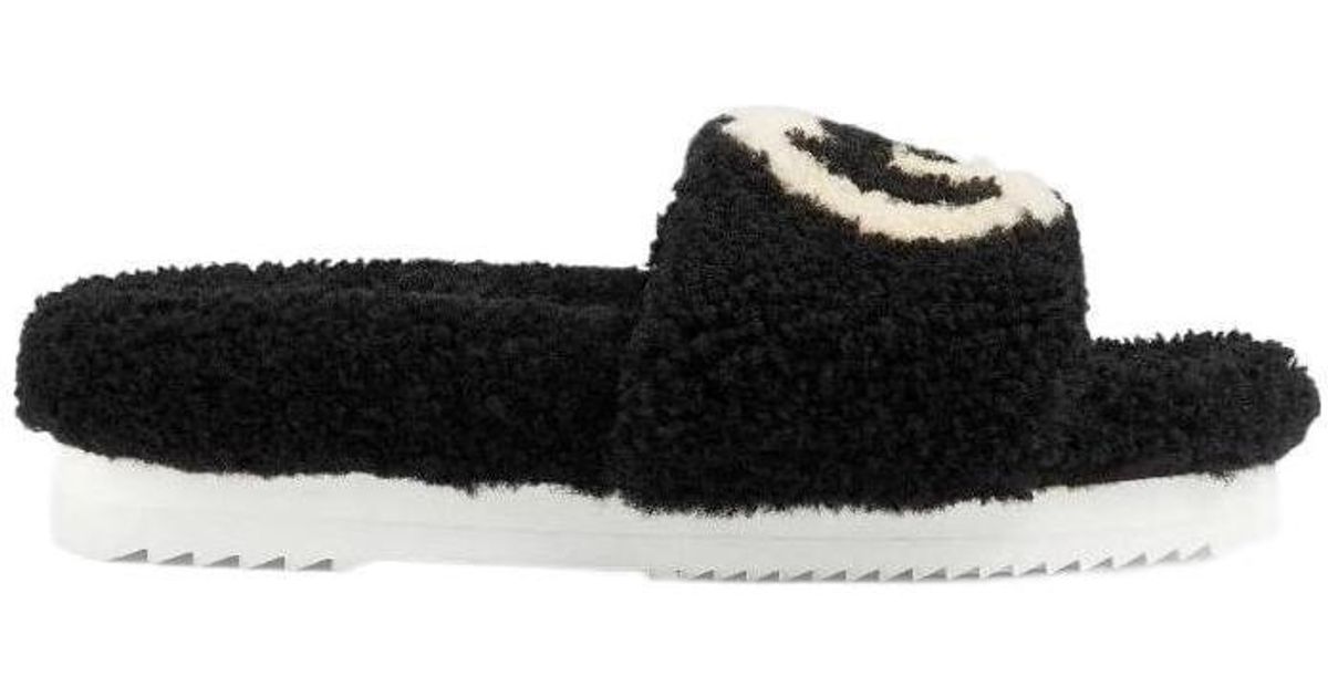 Gucci Interlocking G Shearling Slides in Black | Lyst