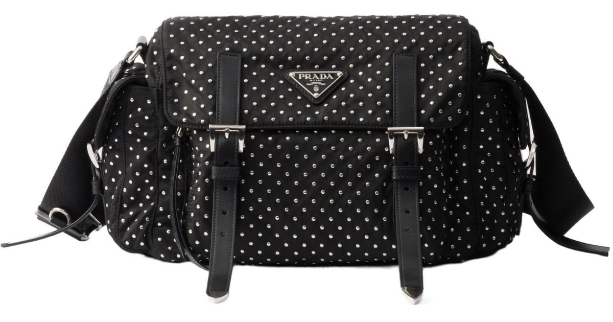 Prada Re-Nylon Shoulder Bag With Studs in Black | Lyst