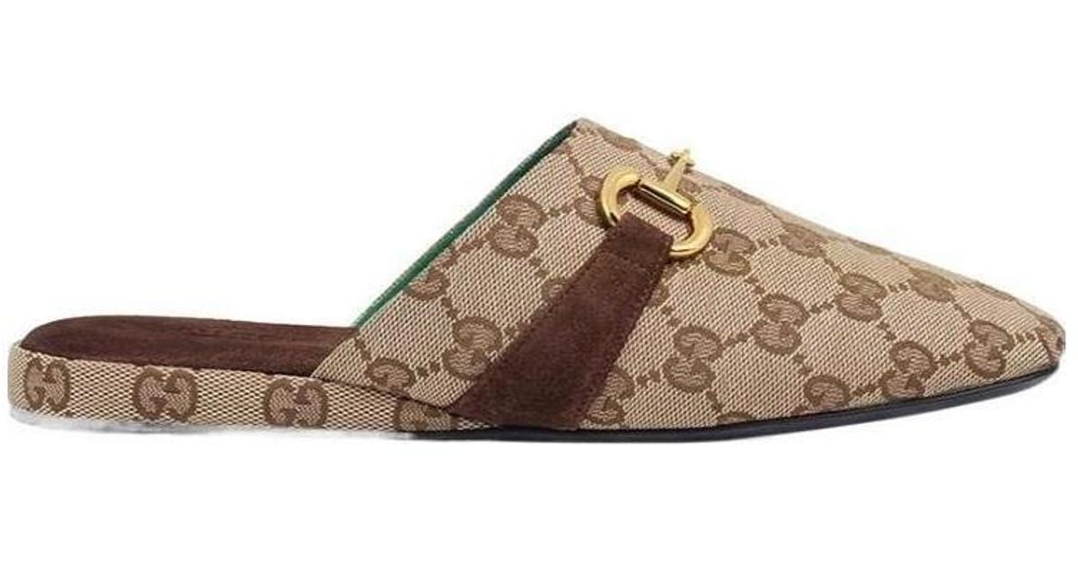 Gucci Monogram Pattern Horsebit Mules in Brown | Lyst