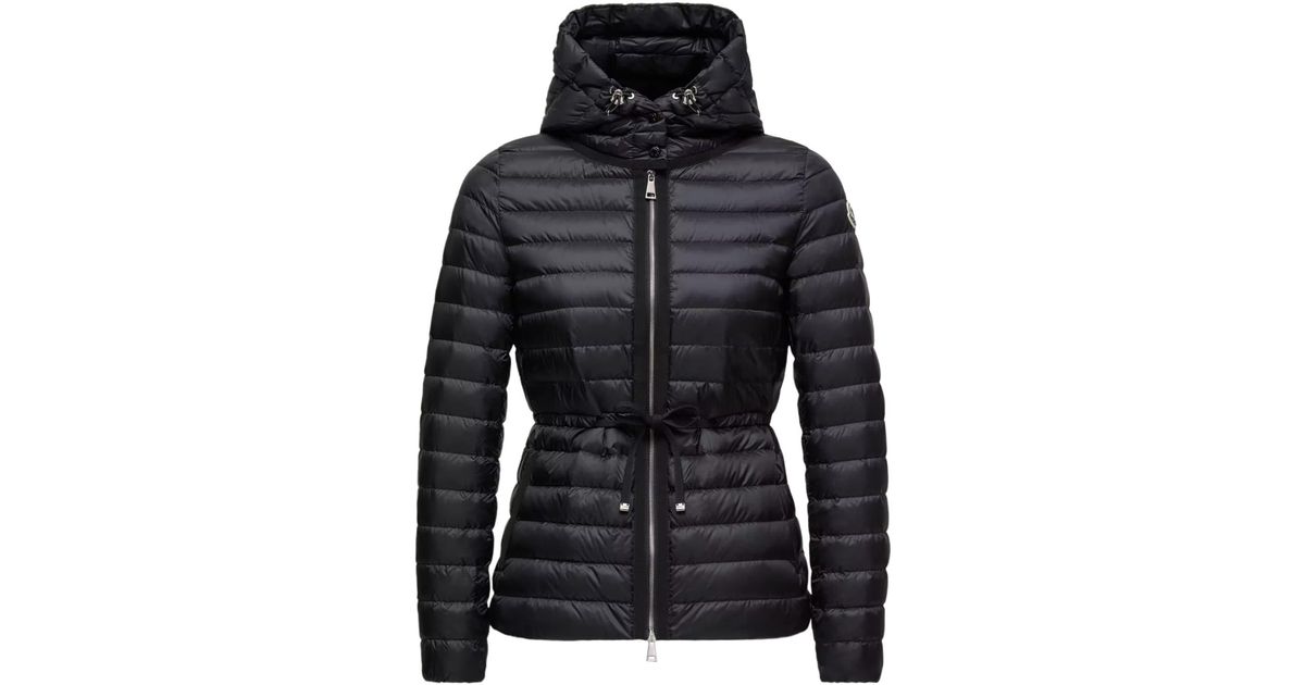Moncler Raie Belted Hooded Down Jacket in Black | Lyst