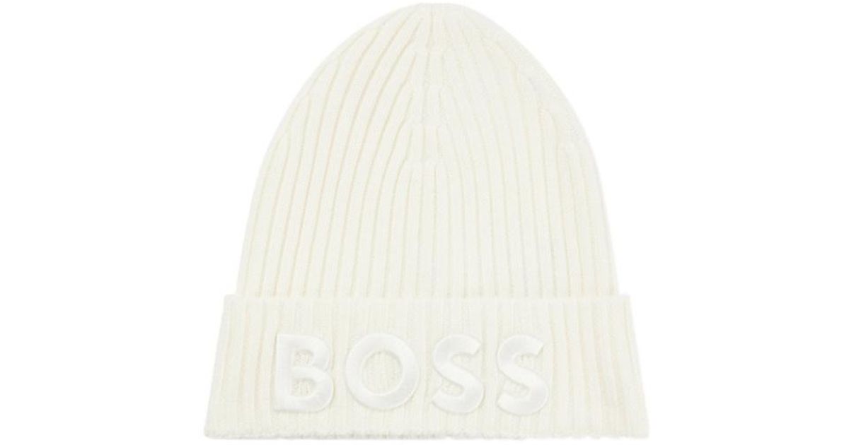 BOSS Logo-Appliqué Ribbed Beanie in White | Lyst