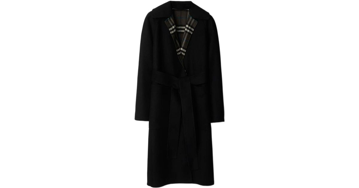 Burberry Reversible Check Wool Wrap Coat in Black | Lyst