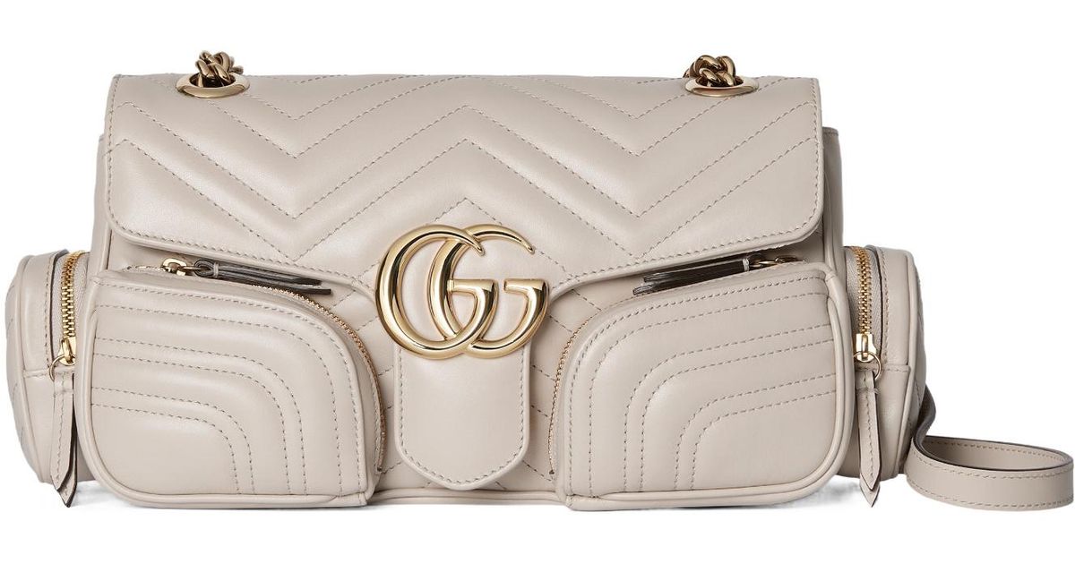Gucci Gg Marmont Small Pocket Detailed Shoulder Bag in Natural | Lyst