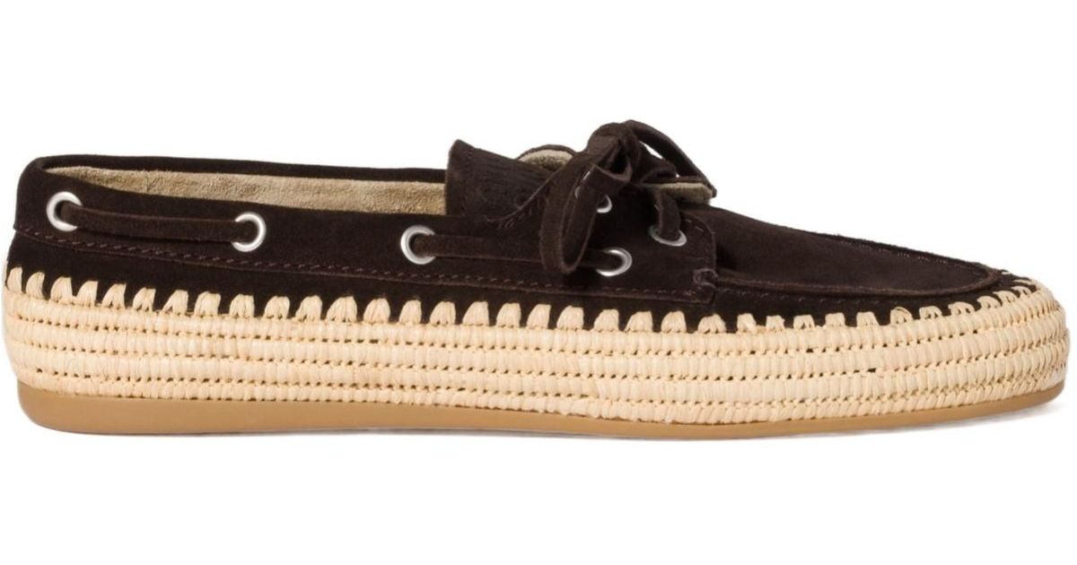 Miu Miu Suede And Raffia Boat Shoes in Brown | Lyst