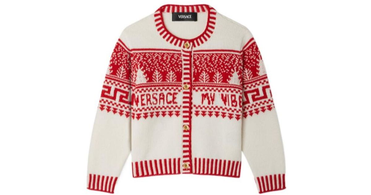 Versace Fair Isle-Jacquard Cardigan in Red | Lyst