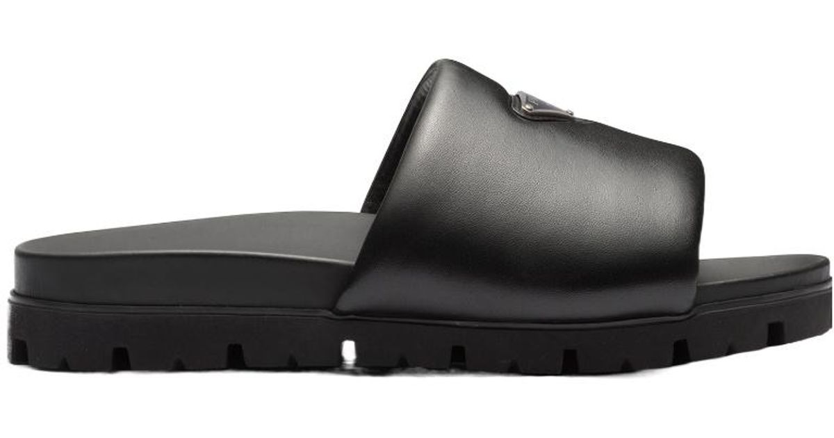 Prada Triangle Logo Plaque Slides in Black for Men | Lyst