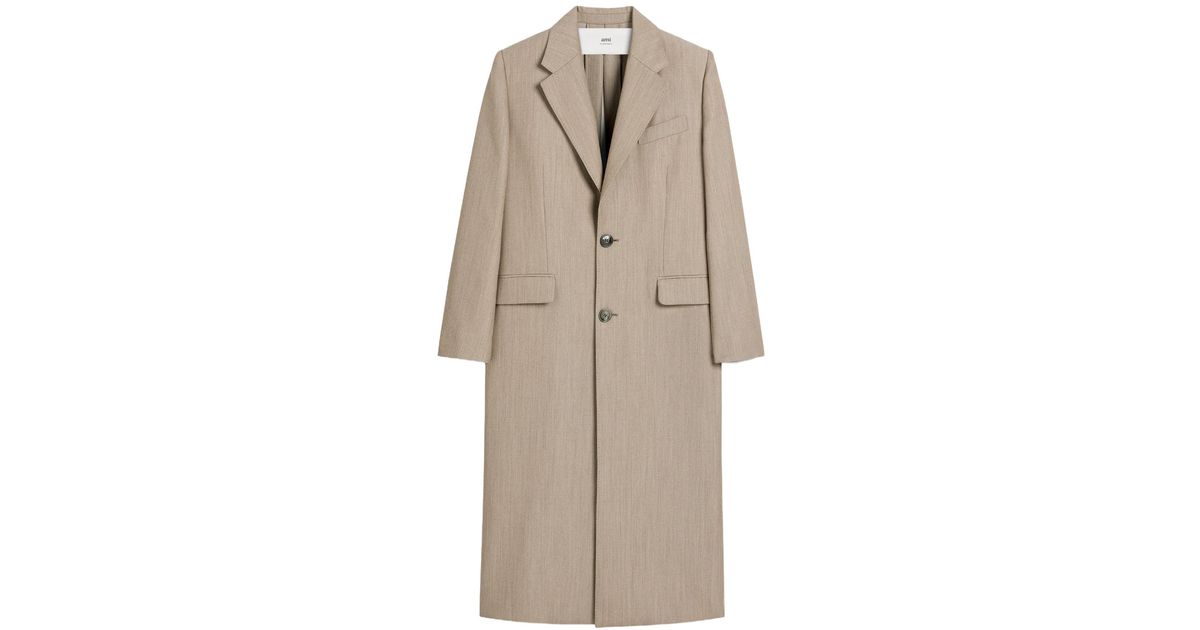 Ami Paris Long Wool Coat With Slit Back in Natural | Lyst