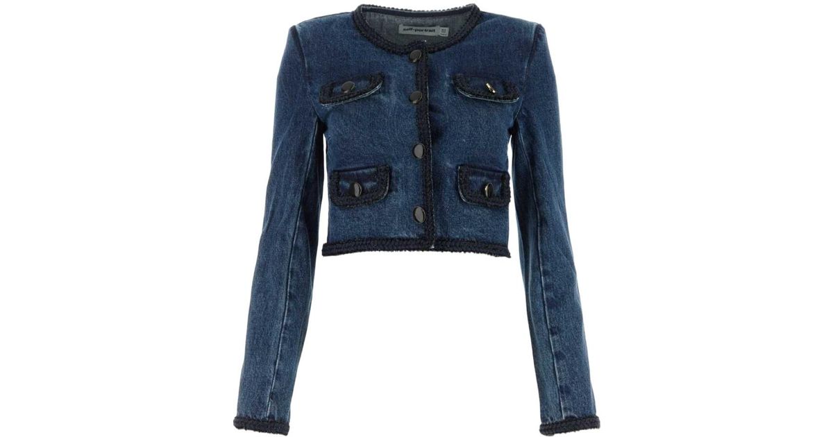 Self-Portrait Braid-Trim Denim Jacket in Blue | Lyst