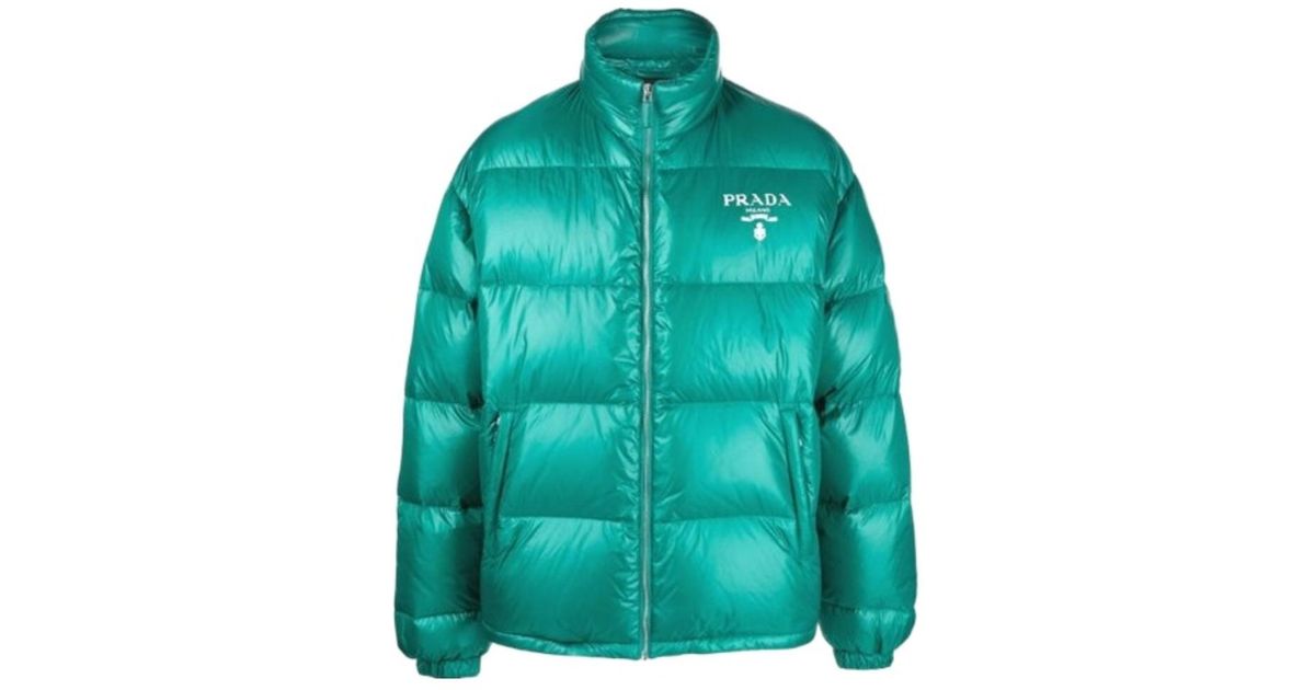 Prada Logo Printed Down Jacket With Standing Collar in Green | Lyst