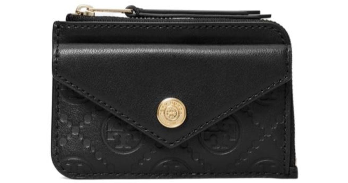 Tory Burch T Monogram Leather Zip Card Case in Black | Lyst