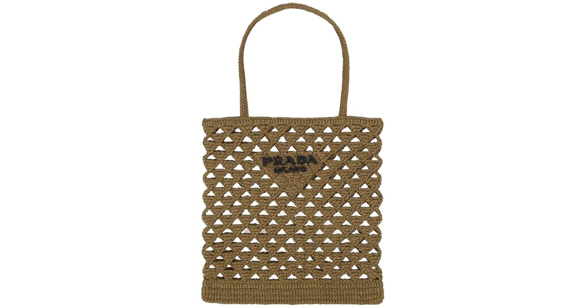 Prada Logo-Embroidered Crochet Tote Bag in Natural | Lyst