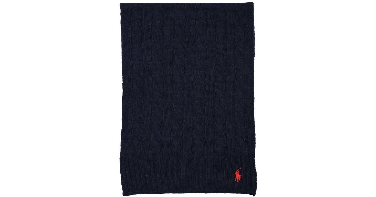 Polo Ralph Lauren Logo Embroidered Cable Knitted Scarf in Blue | Lyst