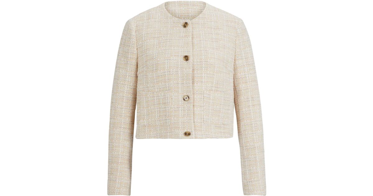 BOSS Collarless Mixed Tweed Jacket in White | Lyst