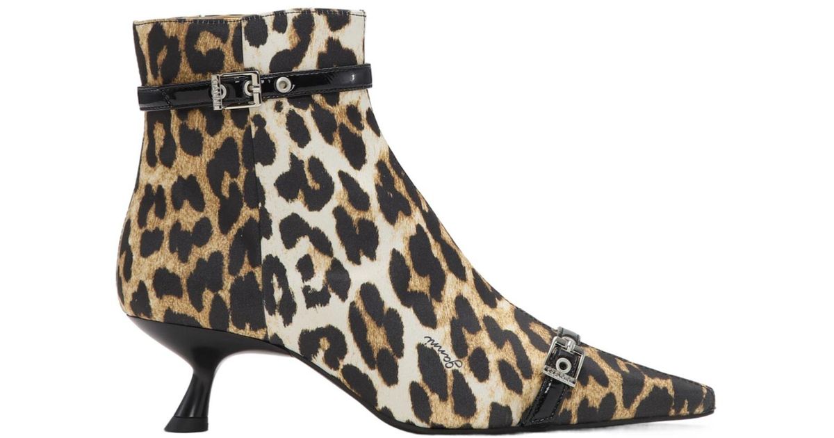Ganni Leopard-Print Satin Ankle Boots in Brown | Lyst