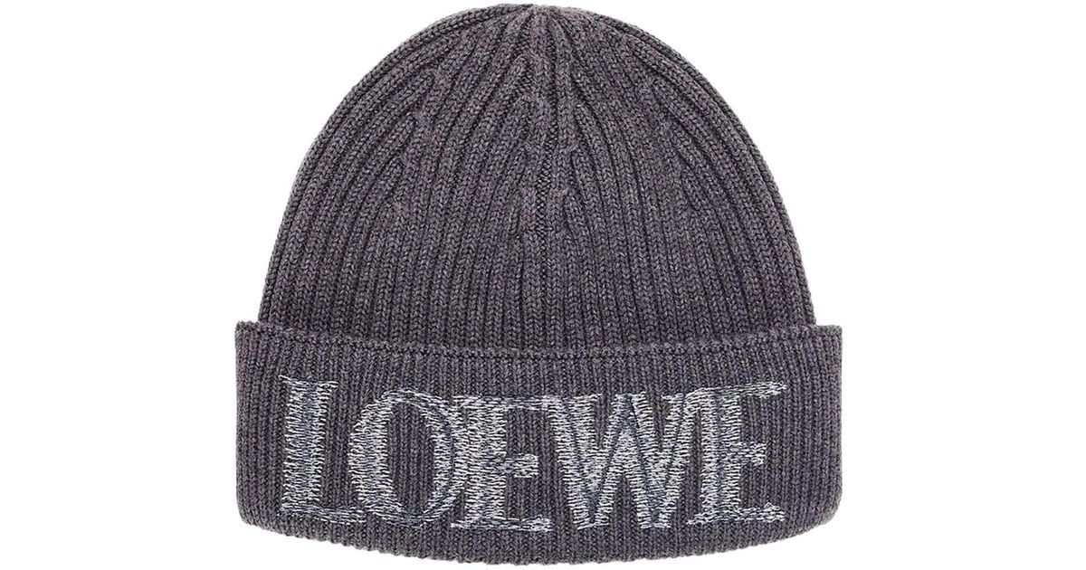 Loewe Logo Embroidered Ribbed-Knit Beanie in Gray for Men | Lyst