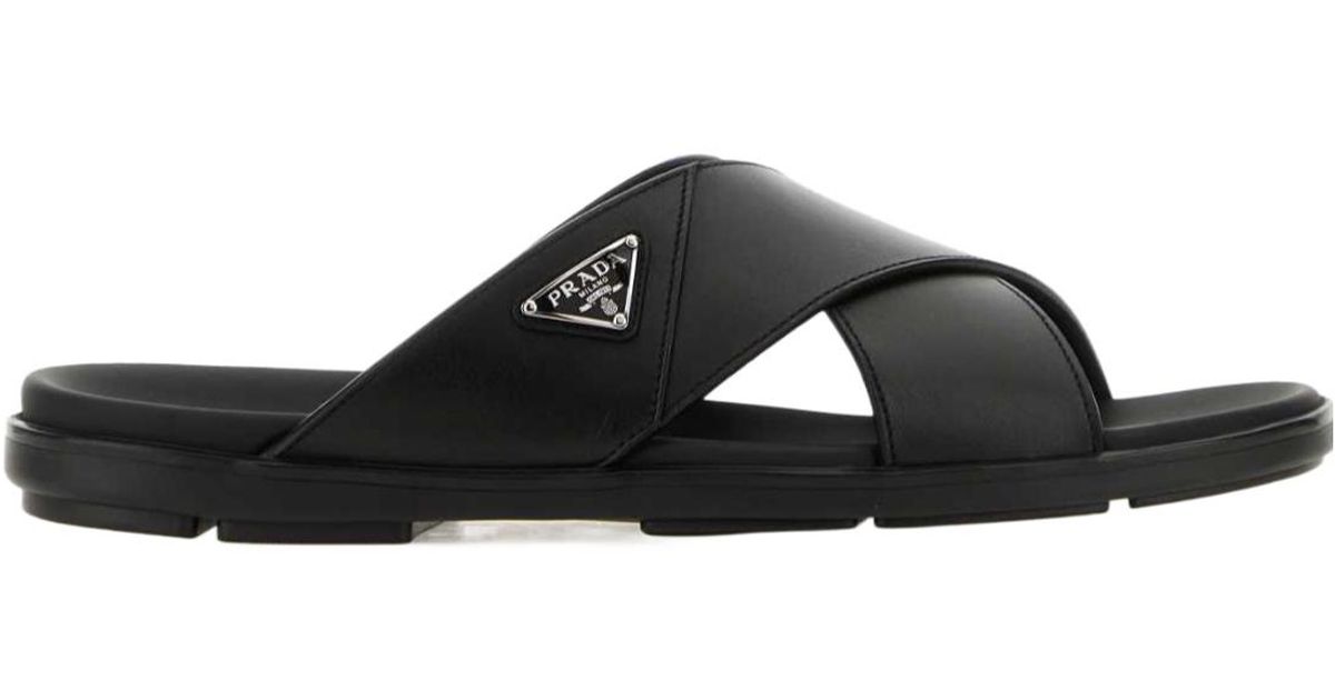 Prada Triangle Logo Leather Slides in Black for Men | Lyst