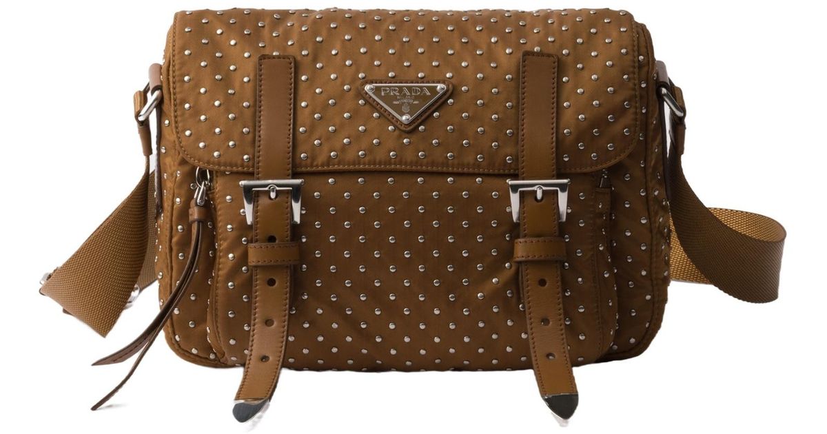 Prada Re-Nylon Shoulder Bag With Studs in Brown | Lyst