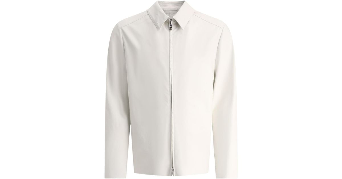 Prada Triangle Logo Leather Jacket in White for Men | Lyst
