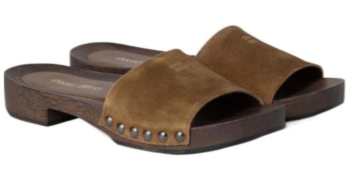 Miu Miu Cinnamon Coloured Suede Clogs With Logo in Brown | Lyst