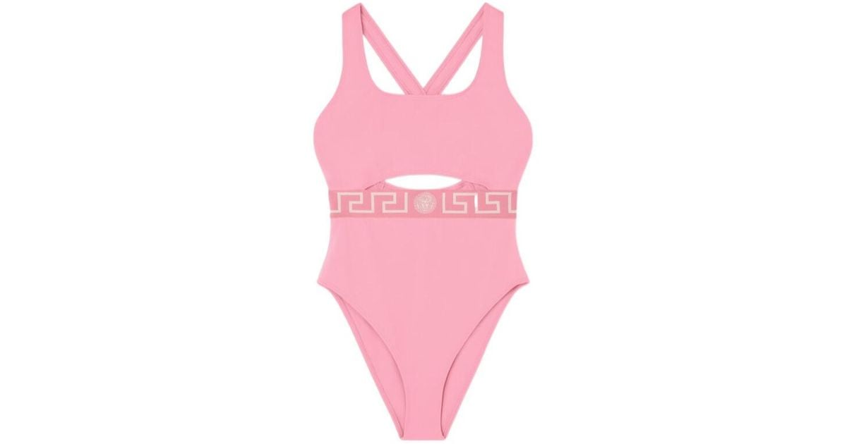 Versace Greca Border Cut-Out One-Piece Swimsuit in Pink | Lyst