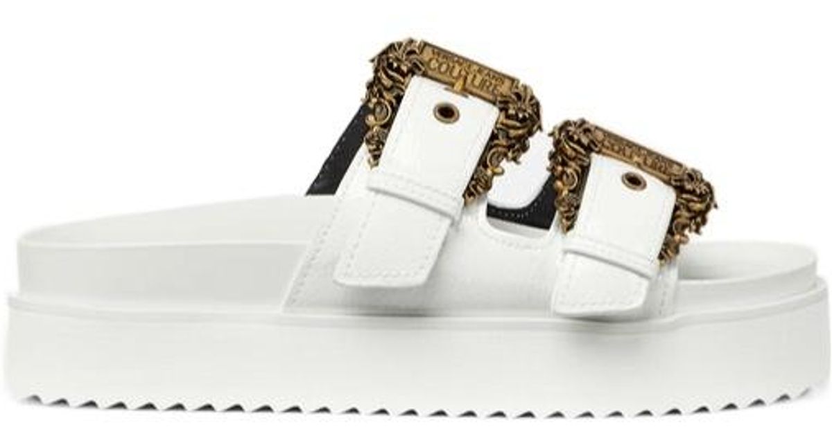 Versace Baroque Buckle Slippers in White | Lyst