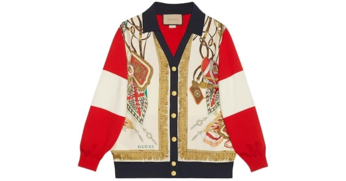 Gucci Crest-Print Wool Cardigan in Red | Lyst