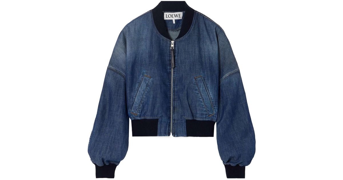 Loewe Leather-Trimmed Cropped Denim Bomber Jacket in Blue | Lyst