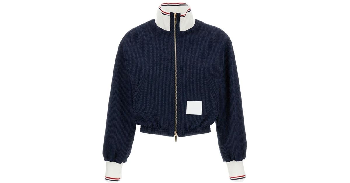 Thom Browne Seersucker Zip Up Track Jacket in Blue | Lyst