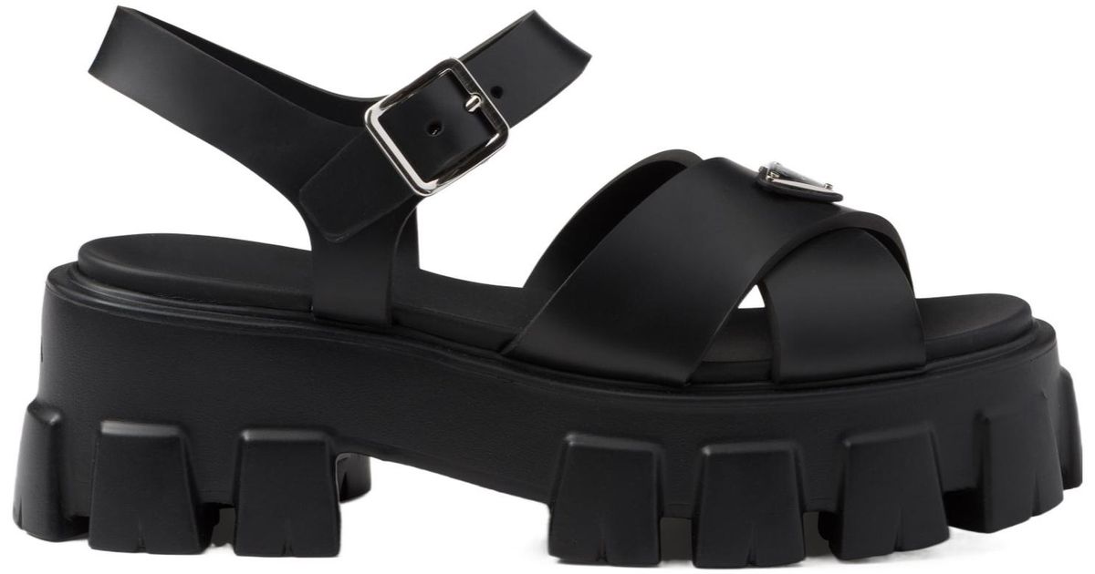 Prada Triangle-Logo Platform Sandals in Black | Lyst