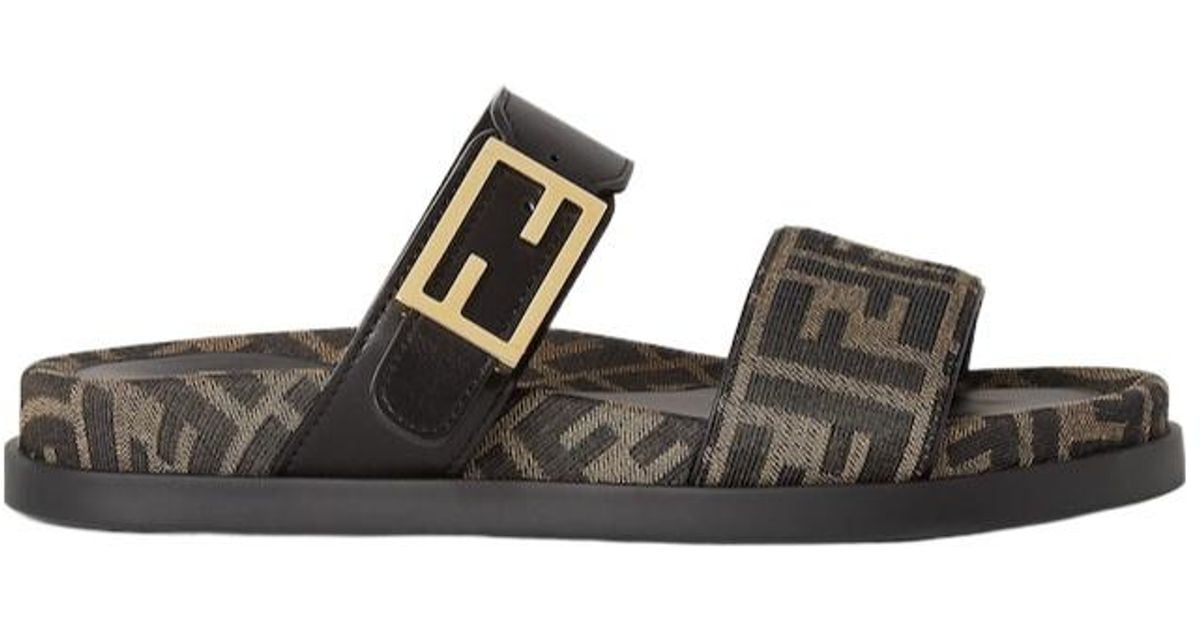 Fendi Leather And Ff Fabric Slides in Black | Lyst