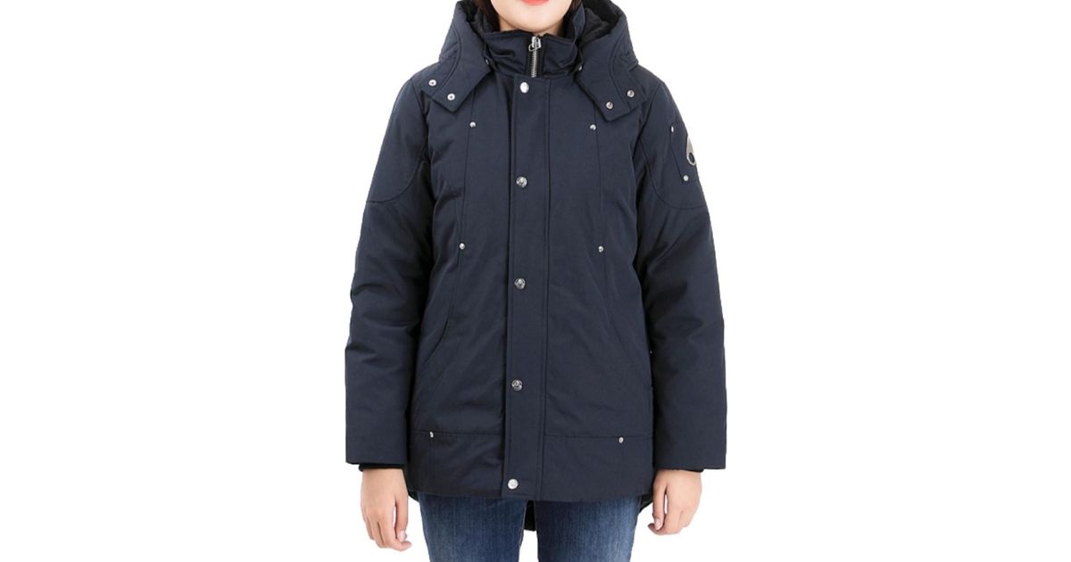 Moose Knuckles Hooded Mid-Long Down Jacket in Blue | Lyst